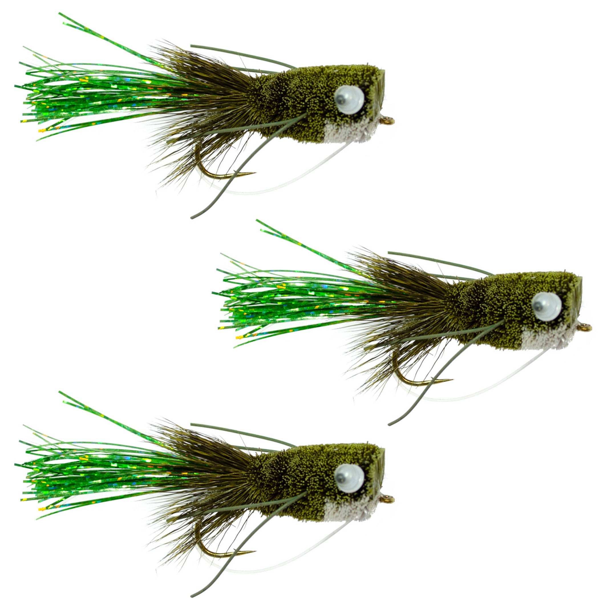 3 Pack Flashtail Bass Popper Size 8 - Olive Bass Fly Fishing Bug Wide ...